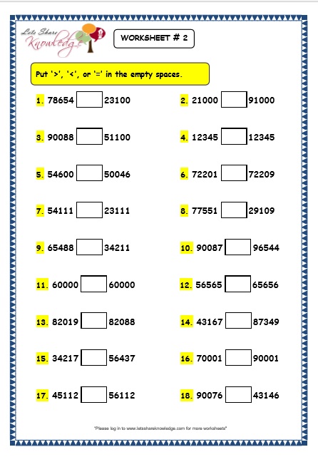 Grade 3 Maths Worksheets 5 Digit Numbers 212 Comparing 5 Comparing 