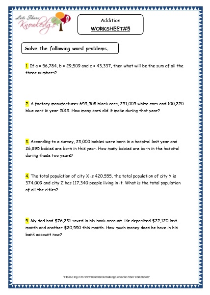 Grade 4 Maths Resources 1 4 5 Word Problems Addition Printable 