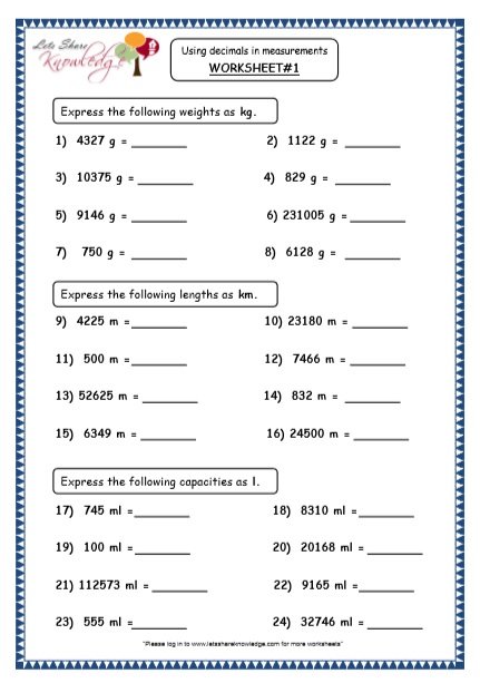 Free Math Worksheets 4th Grade Measurement